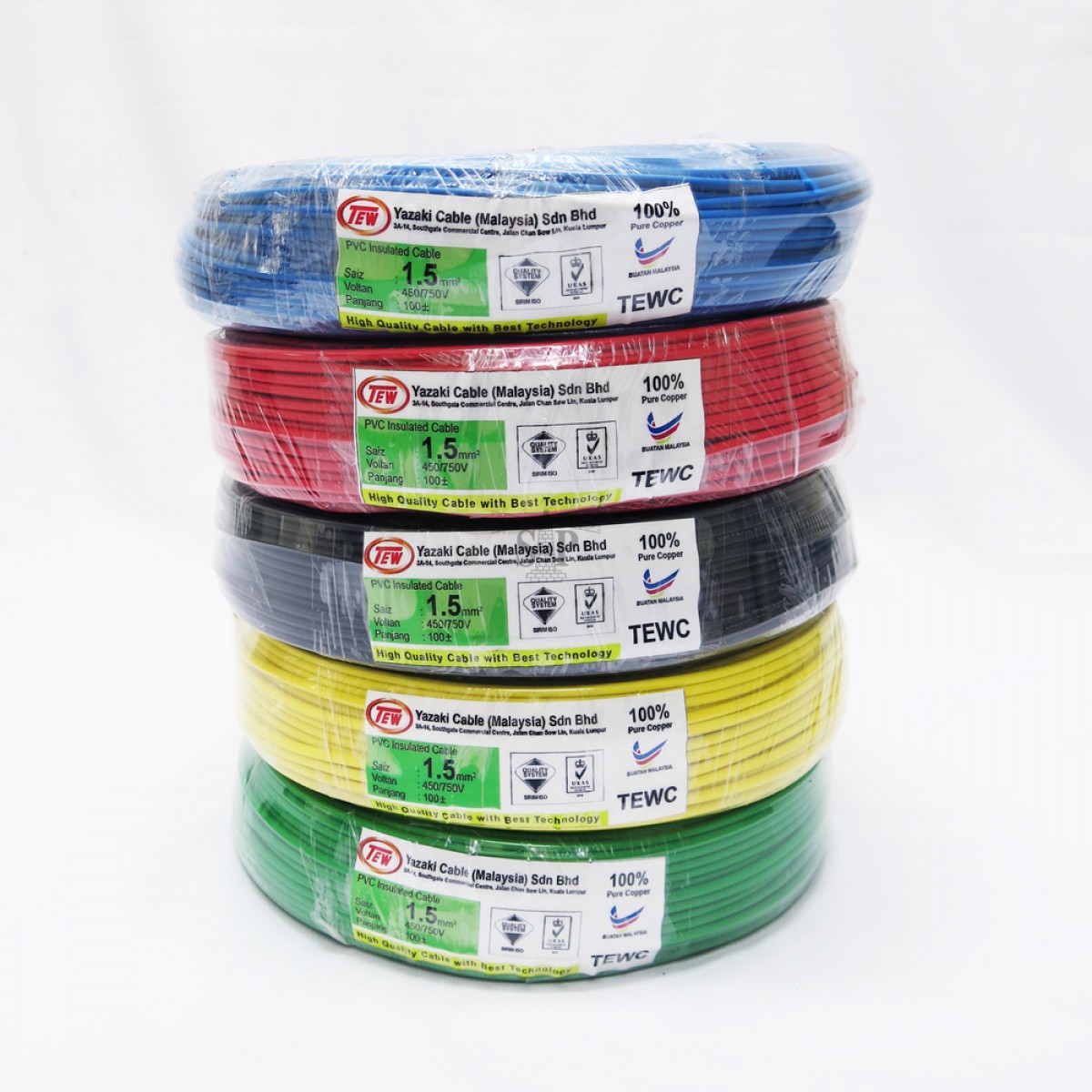 TEWC Yazaki Pure Copper 1.5mm PVC Insulated Non-Sheathed Wire [90M] [SIRIM]