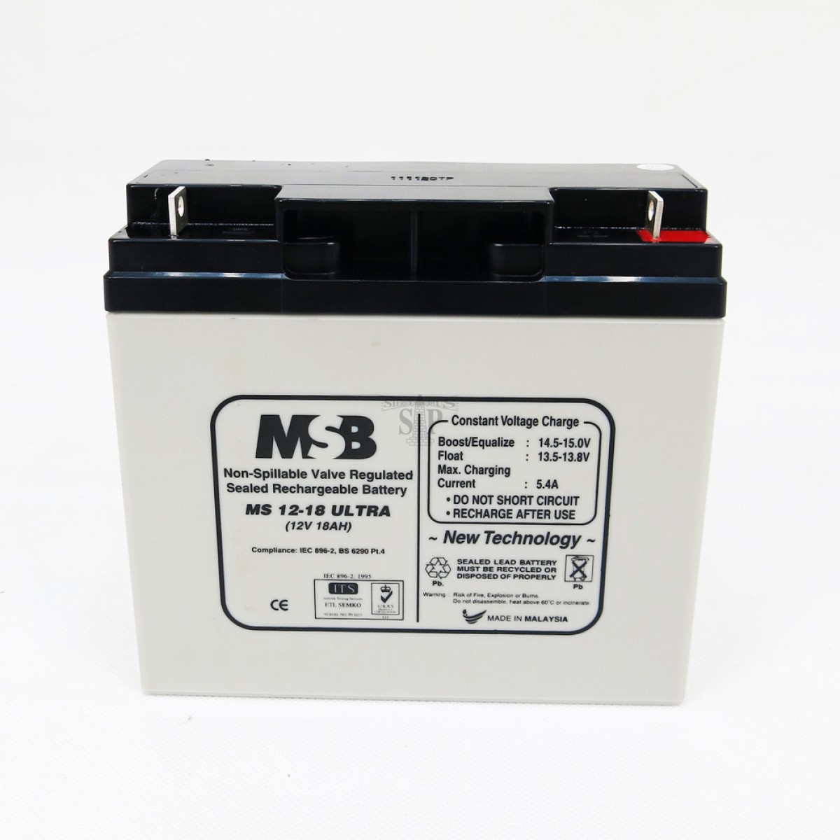 MSB MS12-18 Ultra 12V 18AH Non-Spillable Valve Regulated Sealed Rechargeable Lead Battery