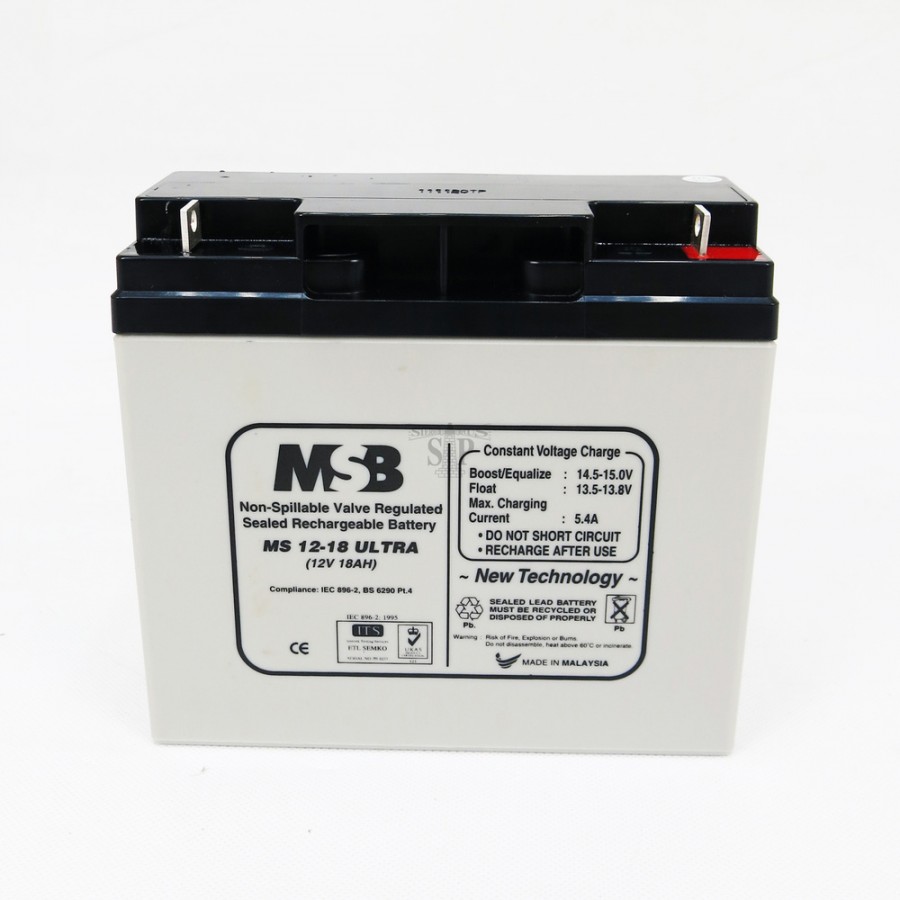 MSB MS12-18 Ultra 12V 18AH Non-Spillable Valve Regulated Sealed Rechargeable Lead Battery