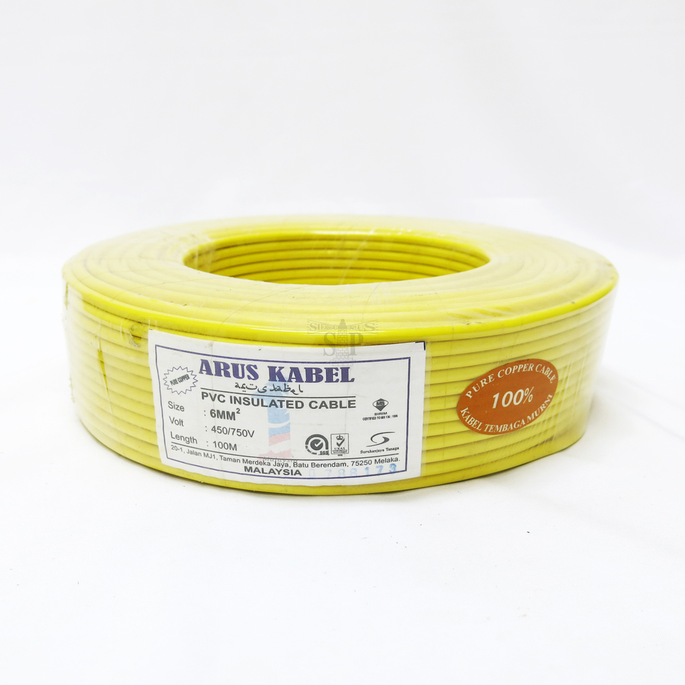 Arus Kabel Pure Copper 6mm PVC Insulated Non-Sheathed Wire [100M] (Yellow)