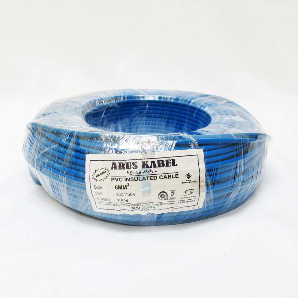 Arus Kabel Pure Copper 6mm PVC Insulated Non-Sheathed Wire [100M] (Blue)