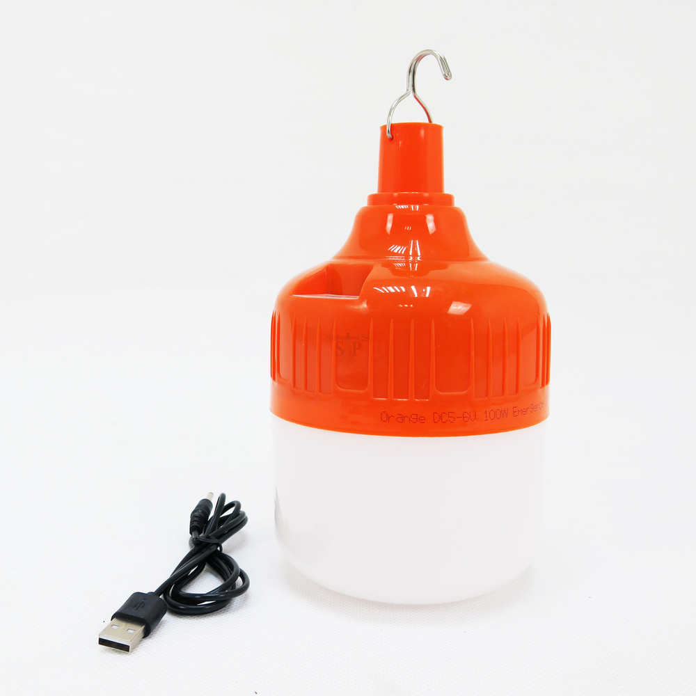 Orange 100W Rechargeable Emergency T120 LED Lamp Bulb c/w Hook and USB ...